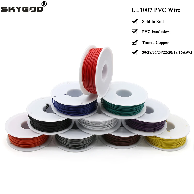 UL1007 Electric Wire In Roll 30/28/26/24/22/20/18/16AWG PVC Insulated Tinned Copper Cable LED ...