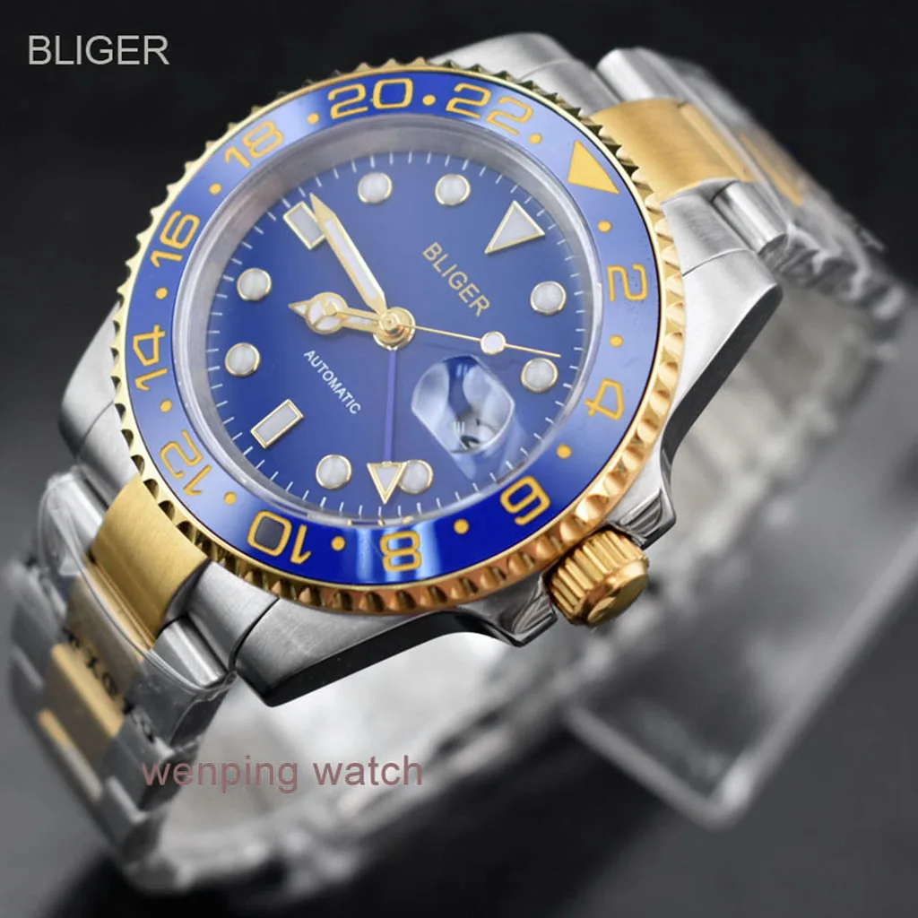 1pcs Bliger 40mm blue dial GMT Ceramics Bezel Gold side shells steel ...