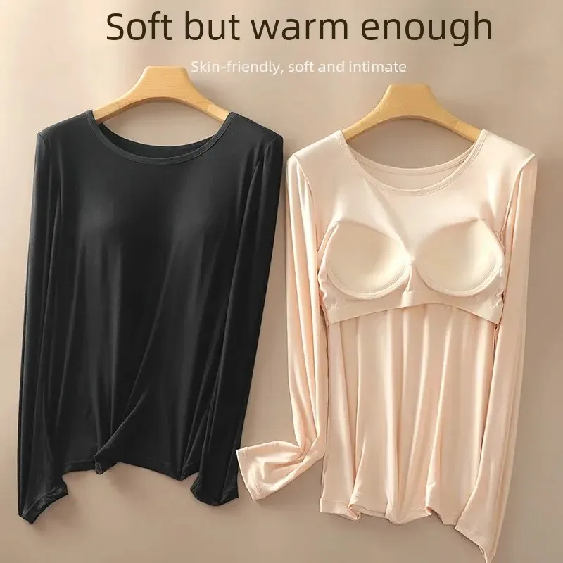 Long-Sleeve-Women-Shirt-Chest-Pad-Modal-Fabric-Seamless-Slimming ...