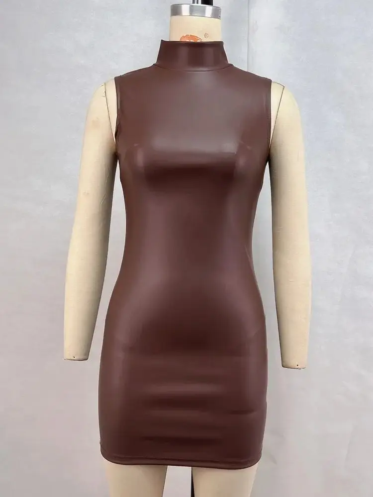 Sleeveless High Collar PU Leather Dress Sundress Tights Package Hip ...