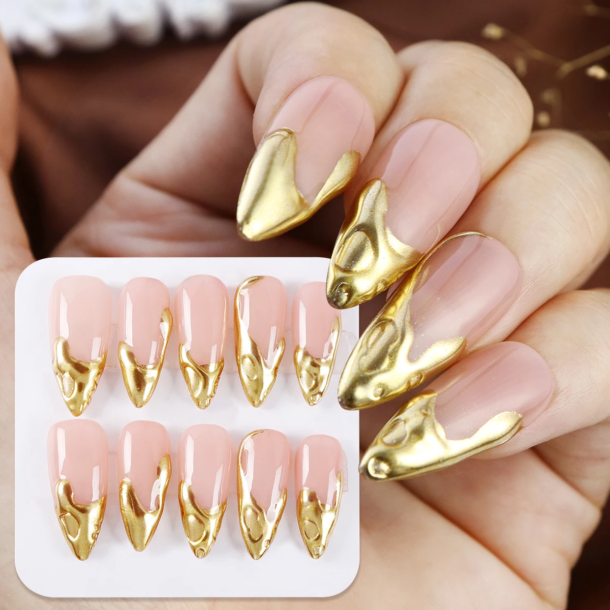 10pcs-Pure-Handmade-Press-On-Fake-Nails-Heavy-Metal-Long-Almonds ...