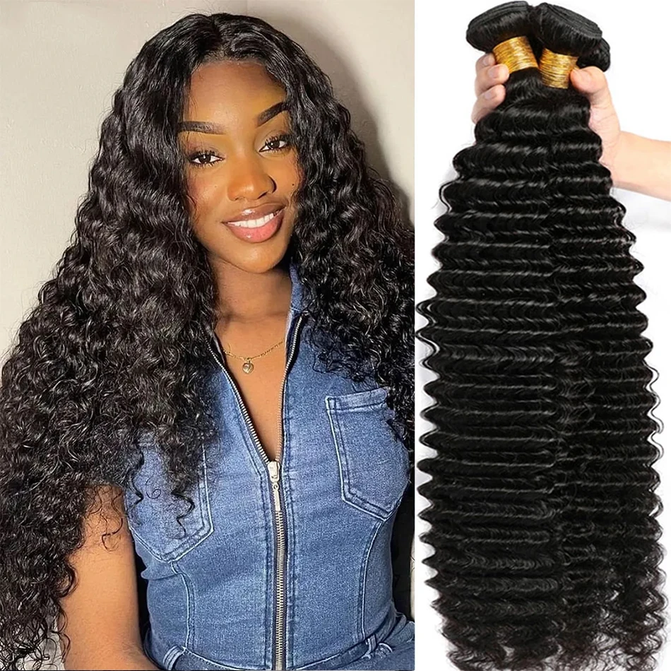 12A Deep Wave Human Hair Bundles Brazilain Weaving Wet and Wavy Virgin ...
