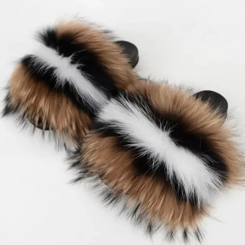 Real Raccoon Fur Slippers Summer Furry Fur Slides For Women Home Indoor ...