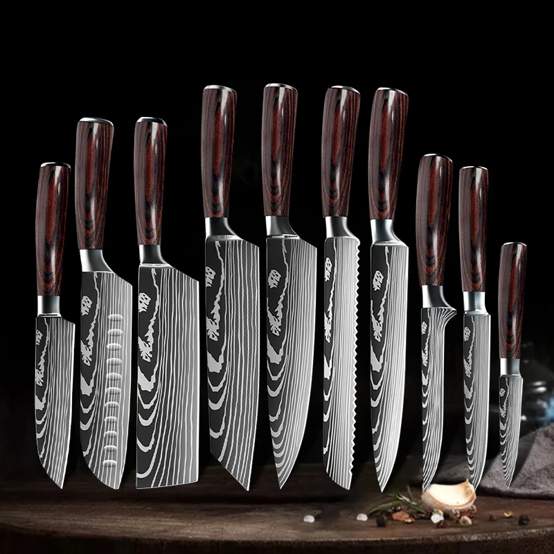 1-10PCS-Chef-Knife-Set-Damascus-Pattern-Kitchen-knives-Sharp-Stainless ...