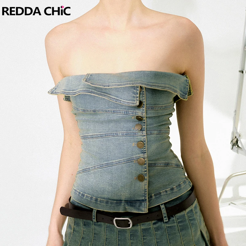 REDDACHiC-90s-Vintage-Buttoned-Denim-Tube-Top-Pleated-Skirt-Women-2 ...