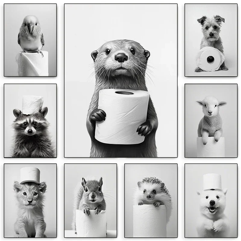 Retro Black White Animal & Toilet Paper Poster Lion Owl Cat Dog Canvas ...