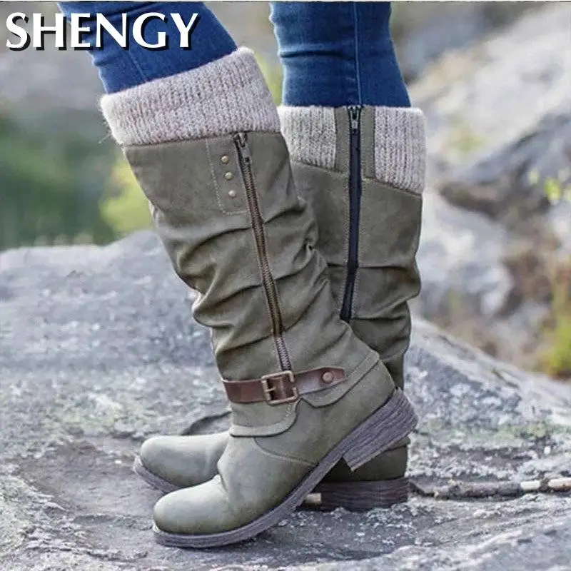 Winter-Women-Long-Boots-Round-Toe-Low-Heel-Mid-Calf-Boots-Knitted ...