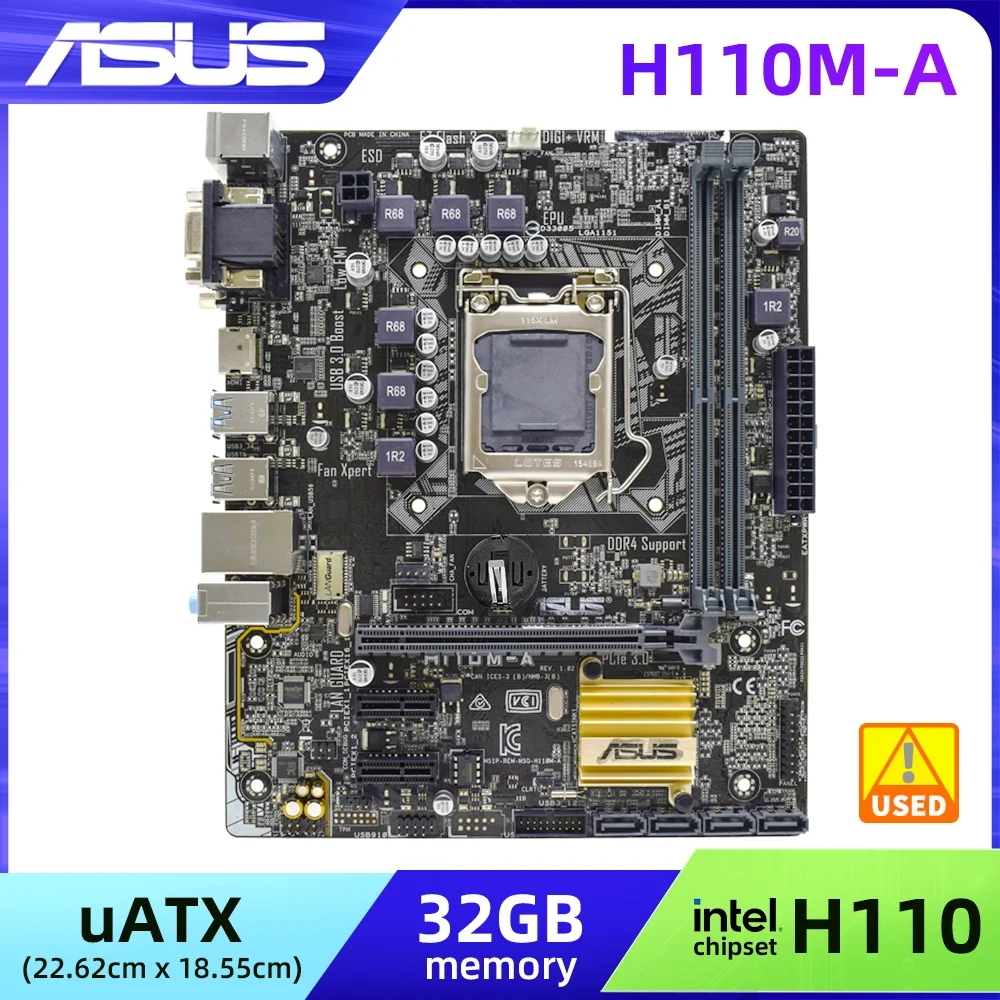 Placa base LGA 1151 ASUS H110M-A 2xDDR4 con Chipset Intel H110, Chip gráfico integrado, Gigabit ...