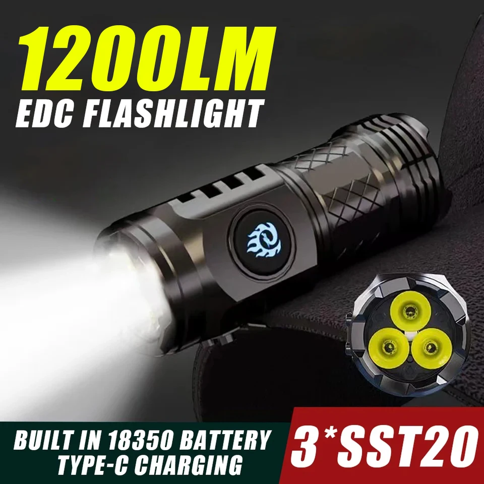 1200LM New Powerful Mini LED Flashlight Built-in 18350 Battery Type-C ...