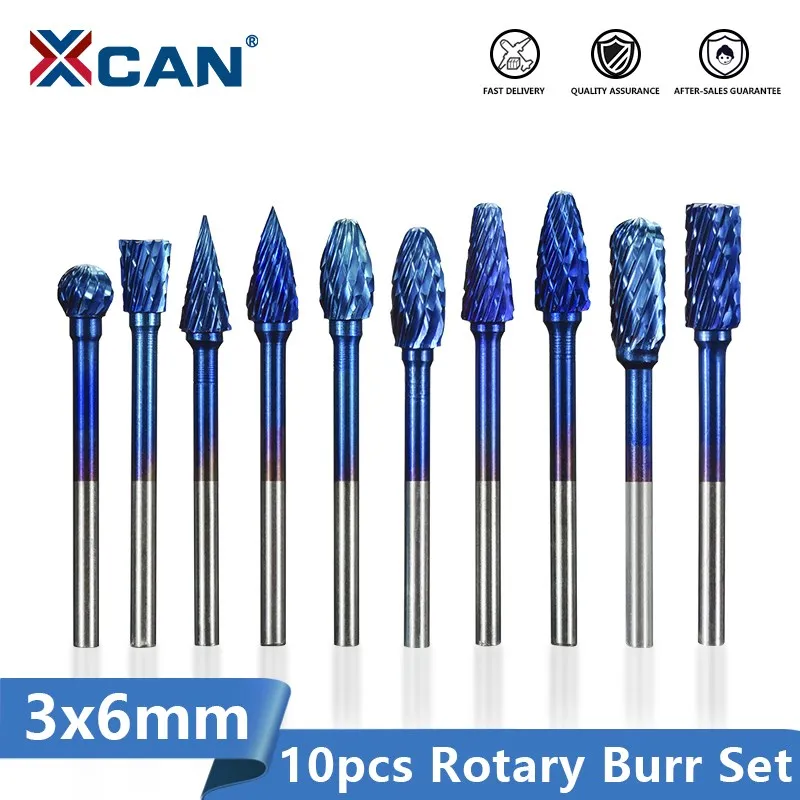 XCAN 1Box 3mm Shank Tungsten Carbide Rotary Burrs 6mm Diameter Double ...