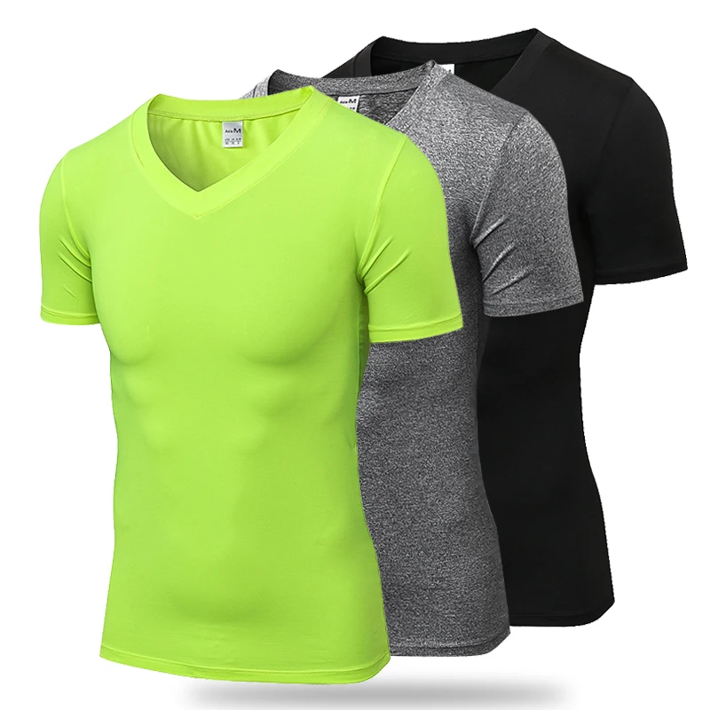 Men Trainning & Exercise T-shirts V-Neck Quick Dry Gym Workout Tee ...