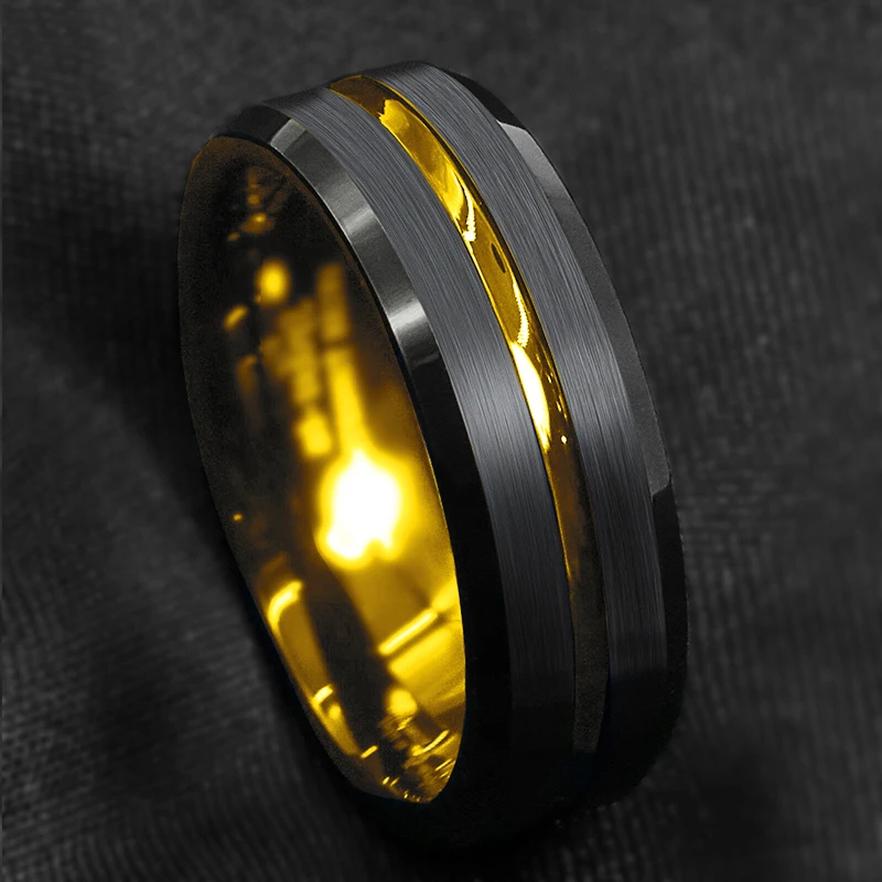 Trendy 8mm Black Brushed Stainless Steel Wedding Ring For Men Gold ...