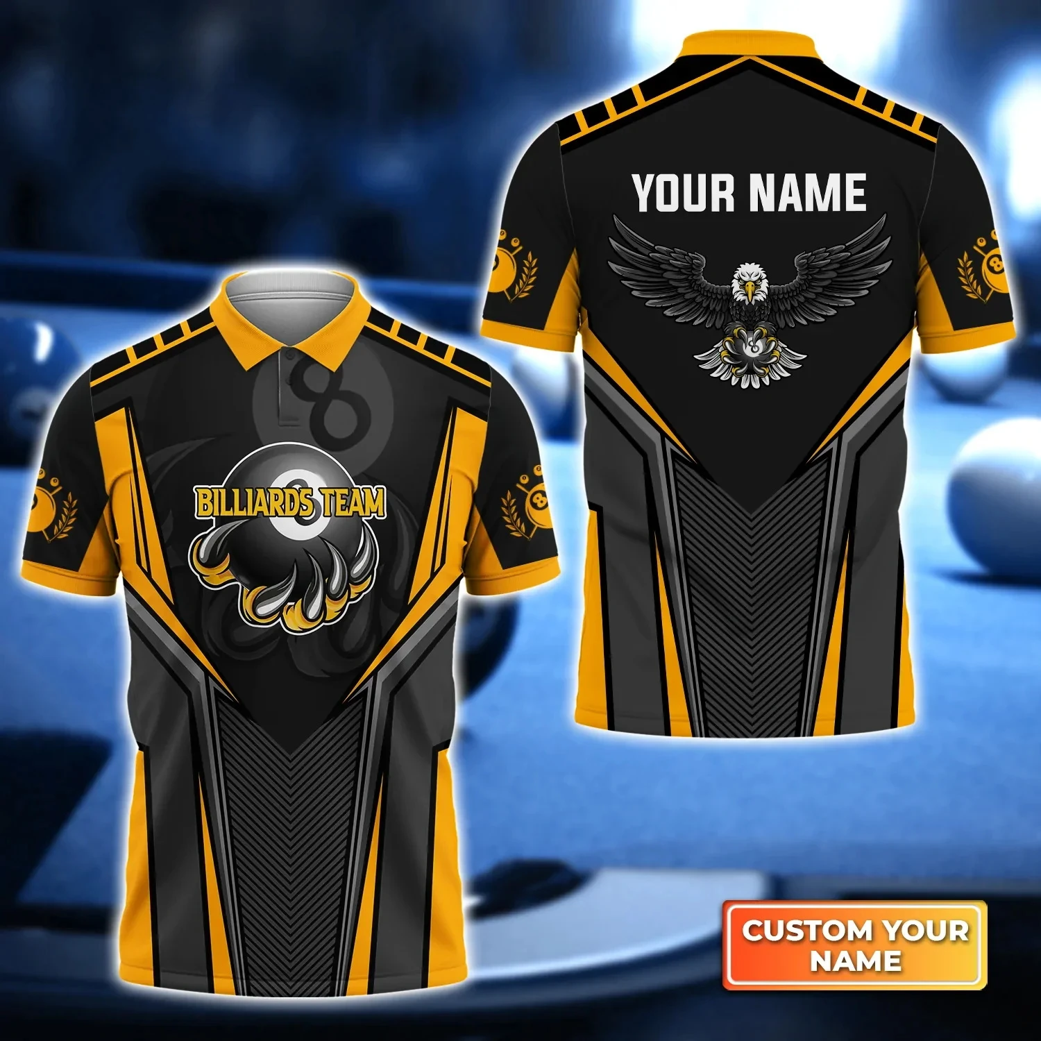 8 Ball Billiard Personalized Name 3D Printed Mens Polo Shirt Summer ...