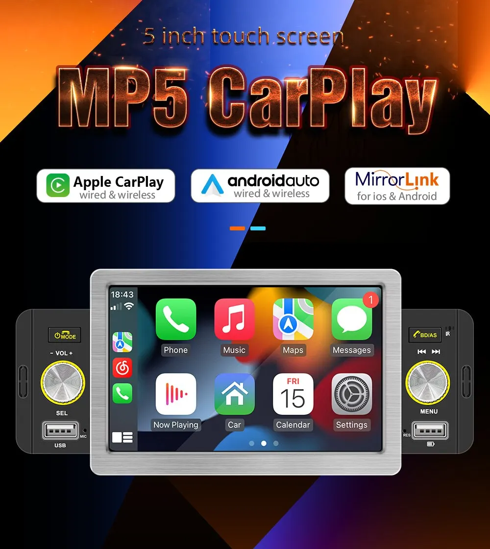 158W-1Din-Car-Radio-CarPlay-Android-Auto-5Inch-MP5-Player-Bluetooth ...