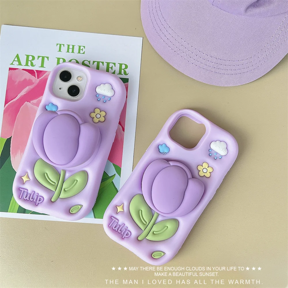 3D Purple Tulip Telecopic Bracket Phone Case For iPhone 12 13 14 15 16 ...