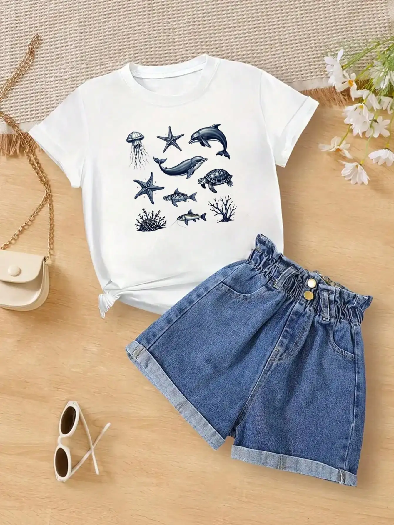 Tween Girls Cotton T-Shirt, Tee With Sea Life Illustrations, Comfy ...