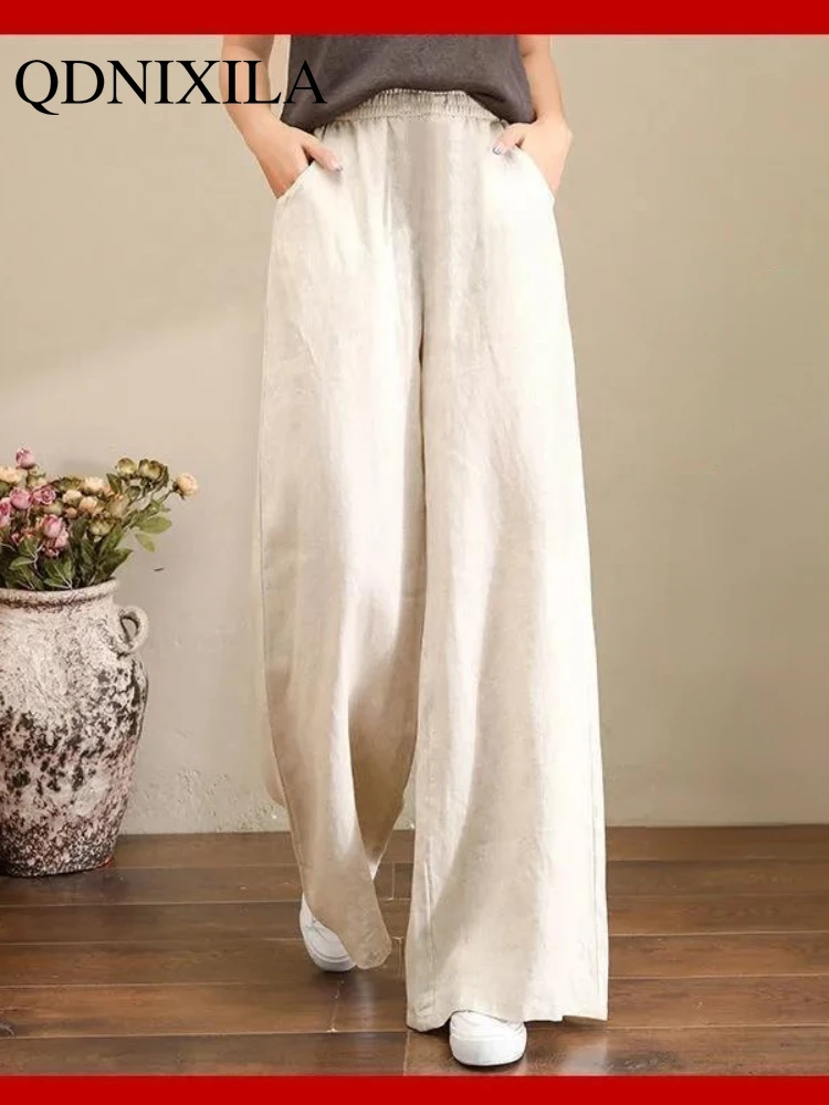 Novo Linho Calças Largas-perna Calças Femininas Com Cordão Oversize ...