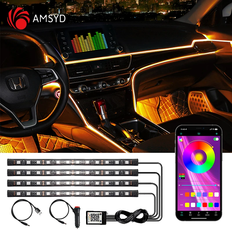 4PCS Led Car Foot Ambient Light With USB Neon Mood Lighting Backlight ...