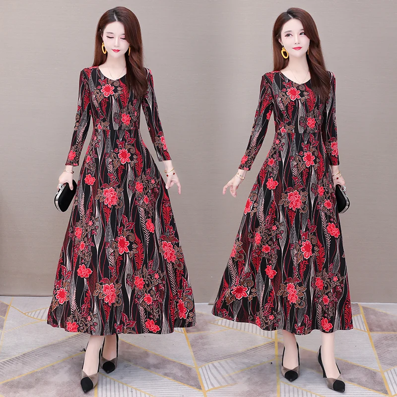 Women-s-spring-new-printed-long-sleeved-dress-elastic-slim-floral ...