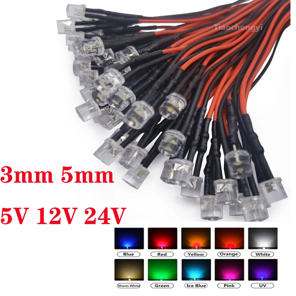 20pcs-3mm-5mm-5V-12V-24V-LED-Red-RGB-Pre-Wired-Water-Clear-flat-led ...