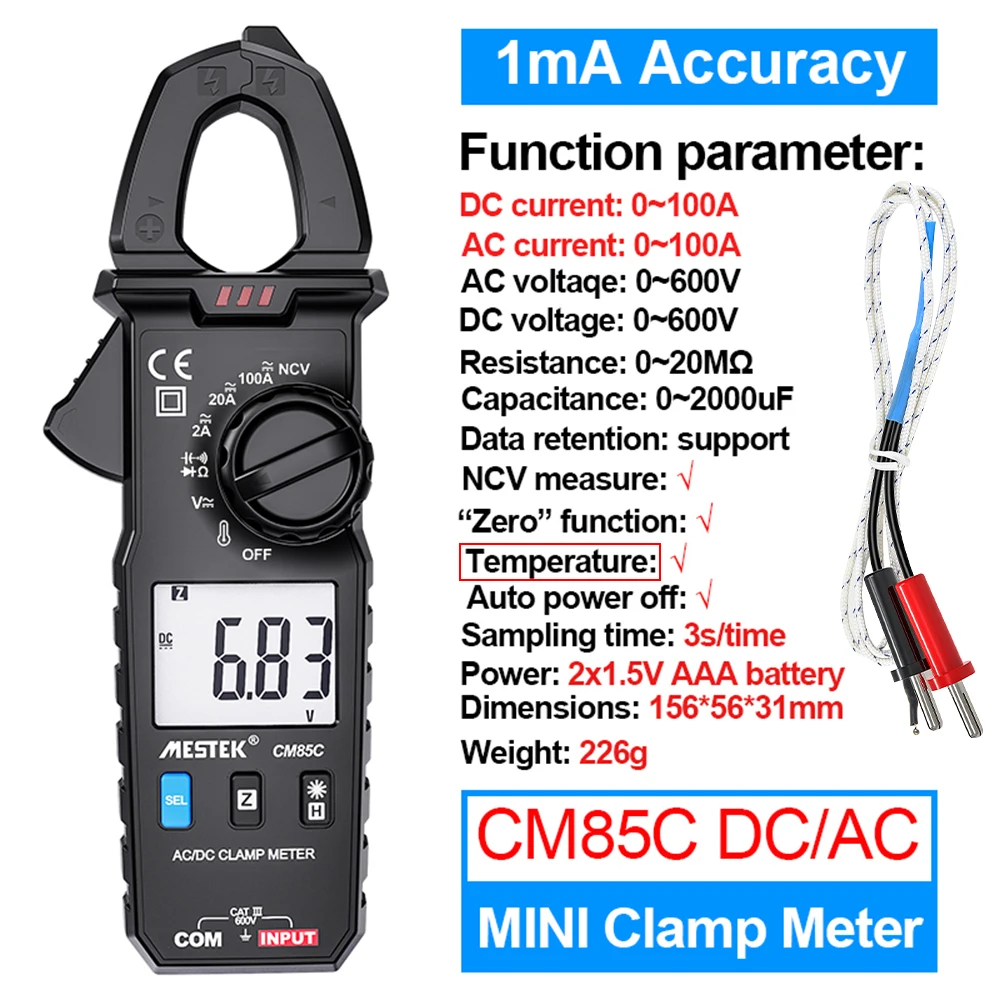 Mestek-Mini-Clamp-Meter-Auto-Range-100A-600V-NCV-High-Precision ...