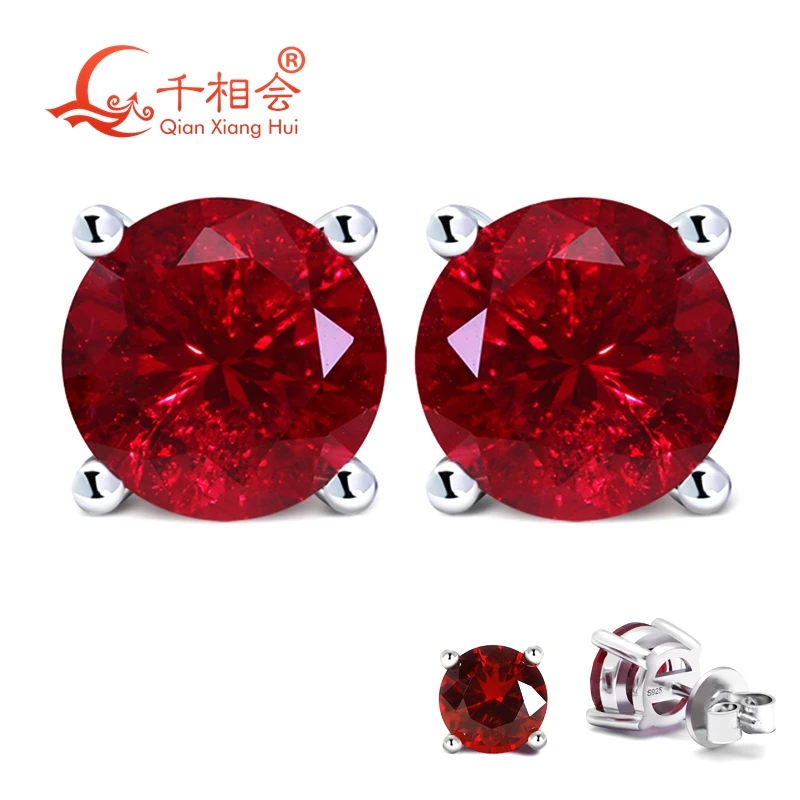 Lab Created Ruby Ear Stud 5-9mm Pigeon Blood with inclusions Red round ...