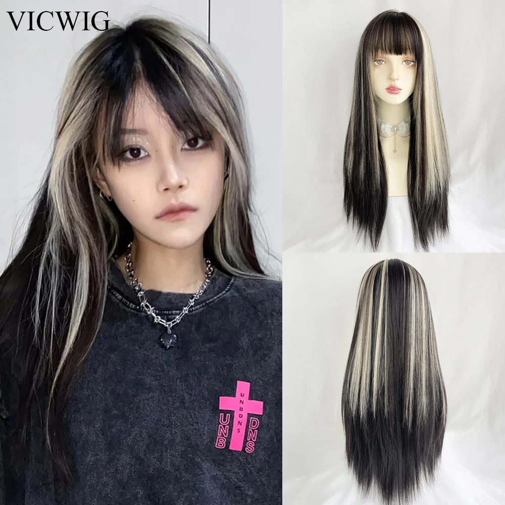 VICWIG-Ombre-Black-Blonde-Mixed-Wig-with-Bangs-Synthetic-Long-Straight ...