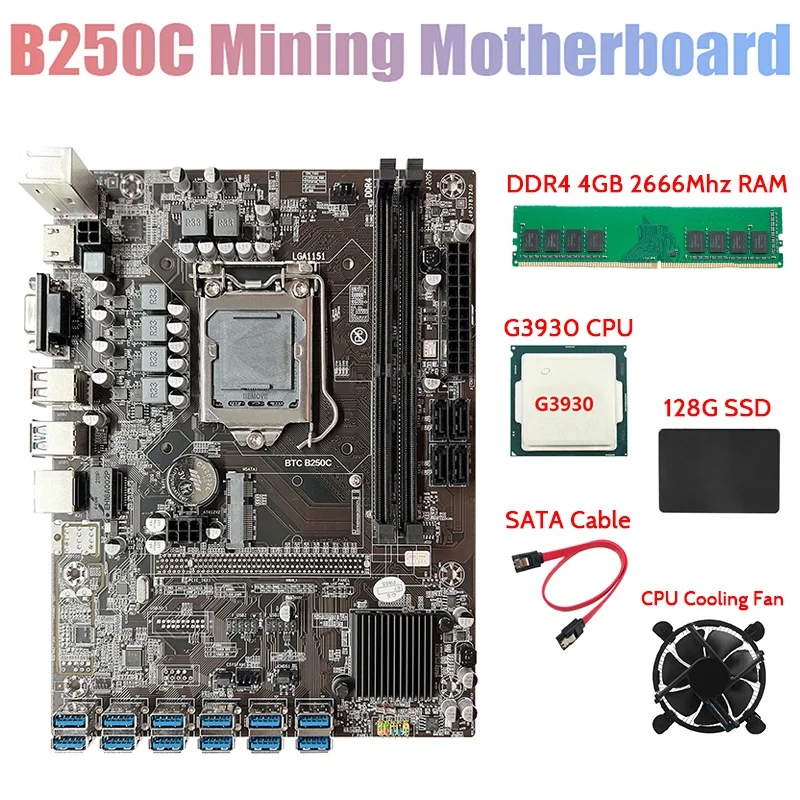 B250C BTC Miner 마더보드 + G3930 CPU + DDR4 4GB 2666Mhz RAM + 128G SSD + 팬 ...