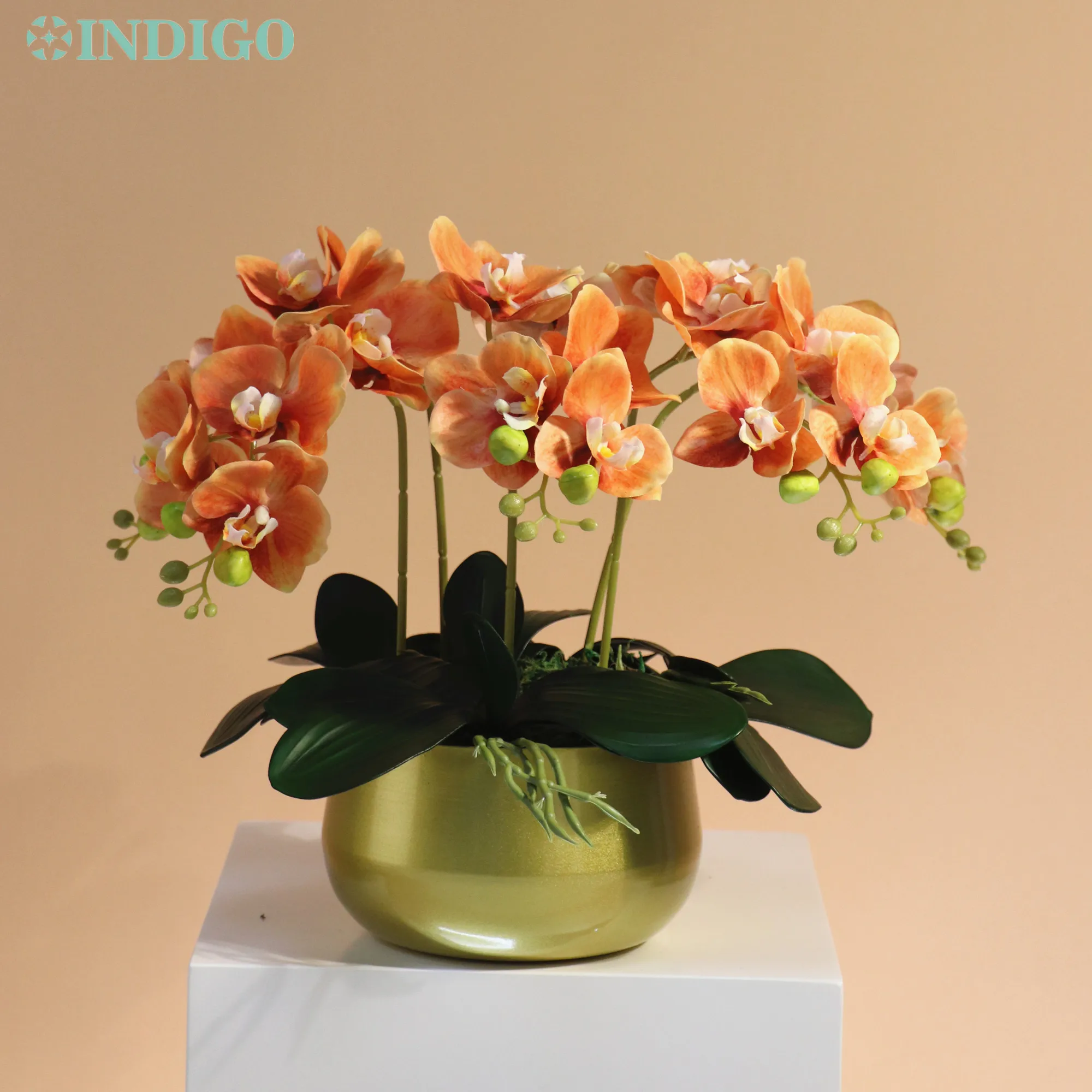 INDIGO-Orange-Orchid-Flower-Arrangment-with-Vase-Suitable-for-Tea-Table ...