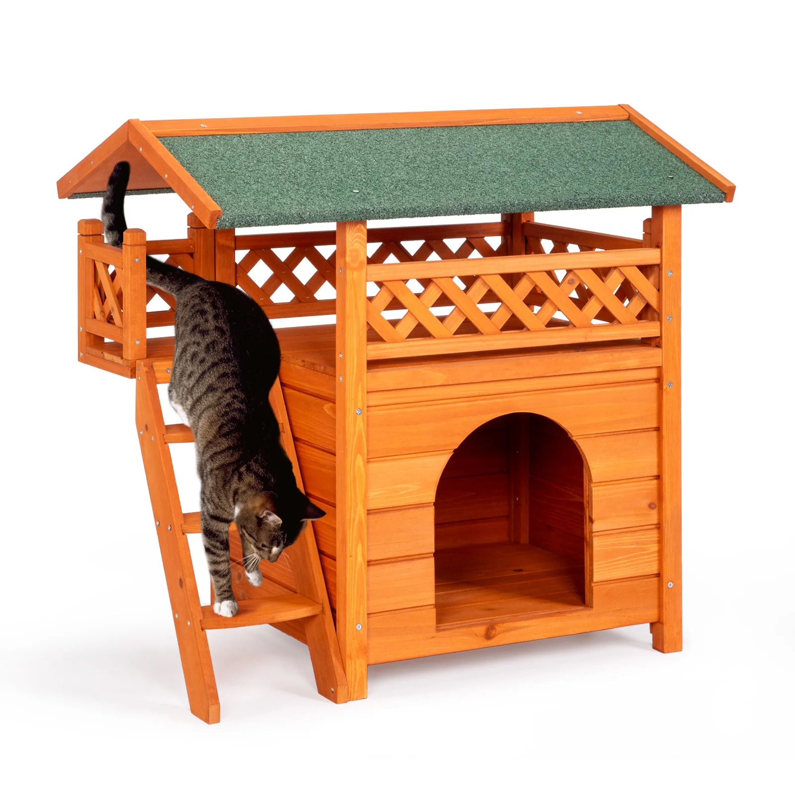 77 * 49 * 74cm 2-layer fence, green asphalt roof, cat house, orange red ...