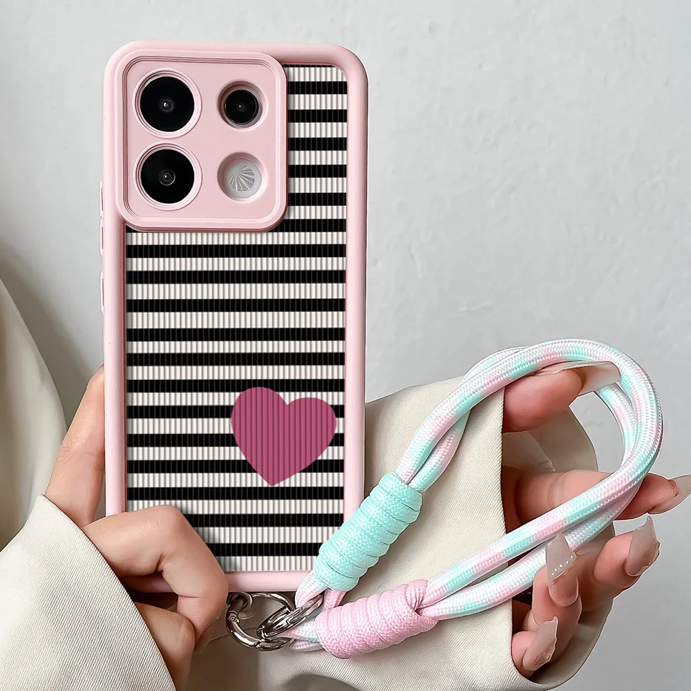 Stylish Stripe Love Heart Phone Case with Wrist Chain Strap and Lanyard Cover for Redmi Note 14 ...
