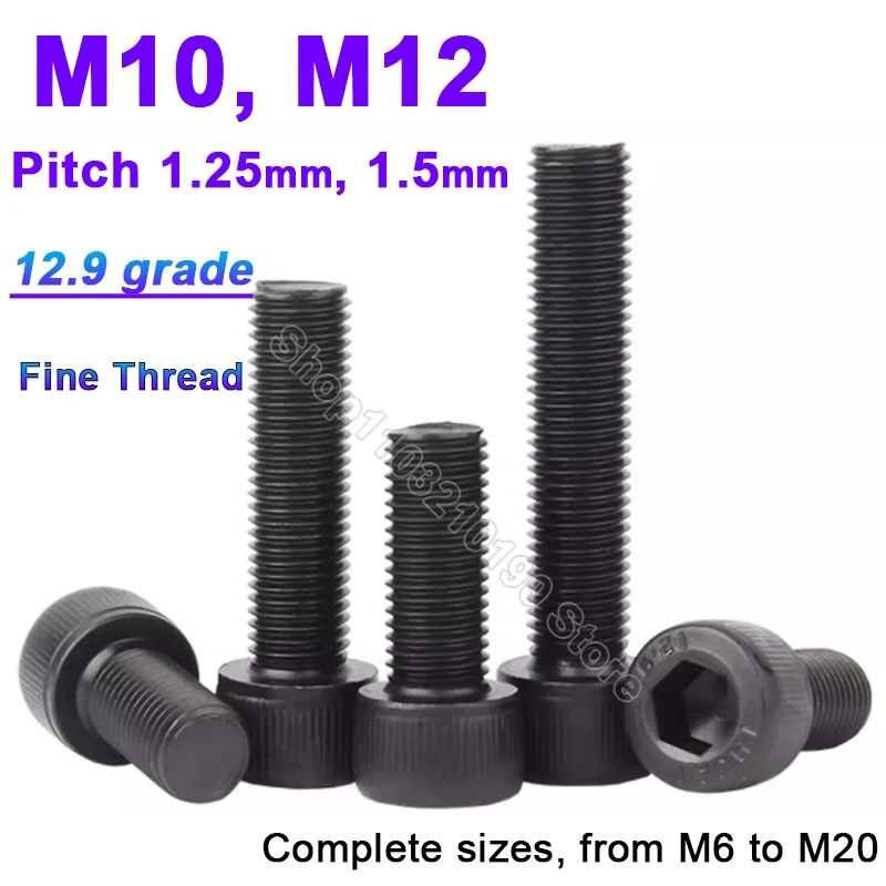 1-5Pcs M10 M12 Black 12.9 Grade Fine Thread Hexagon Hex Socket Cap Head ...