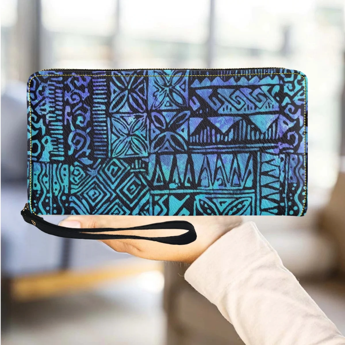 Hawaii-Tapa-Blue-Women-s-Leather-Wallet-Wrist-Strap-Purse-Multifunction ...