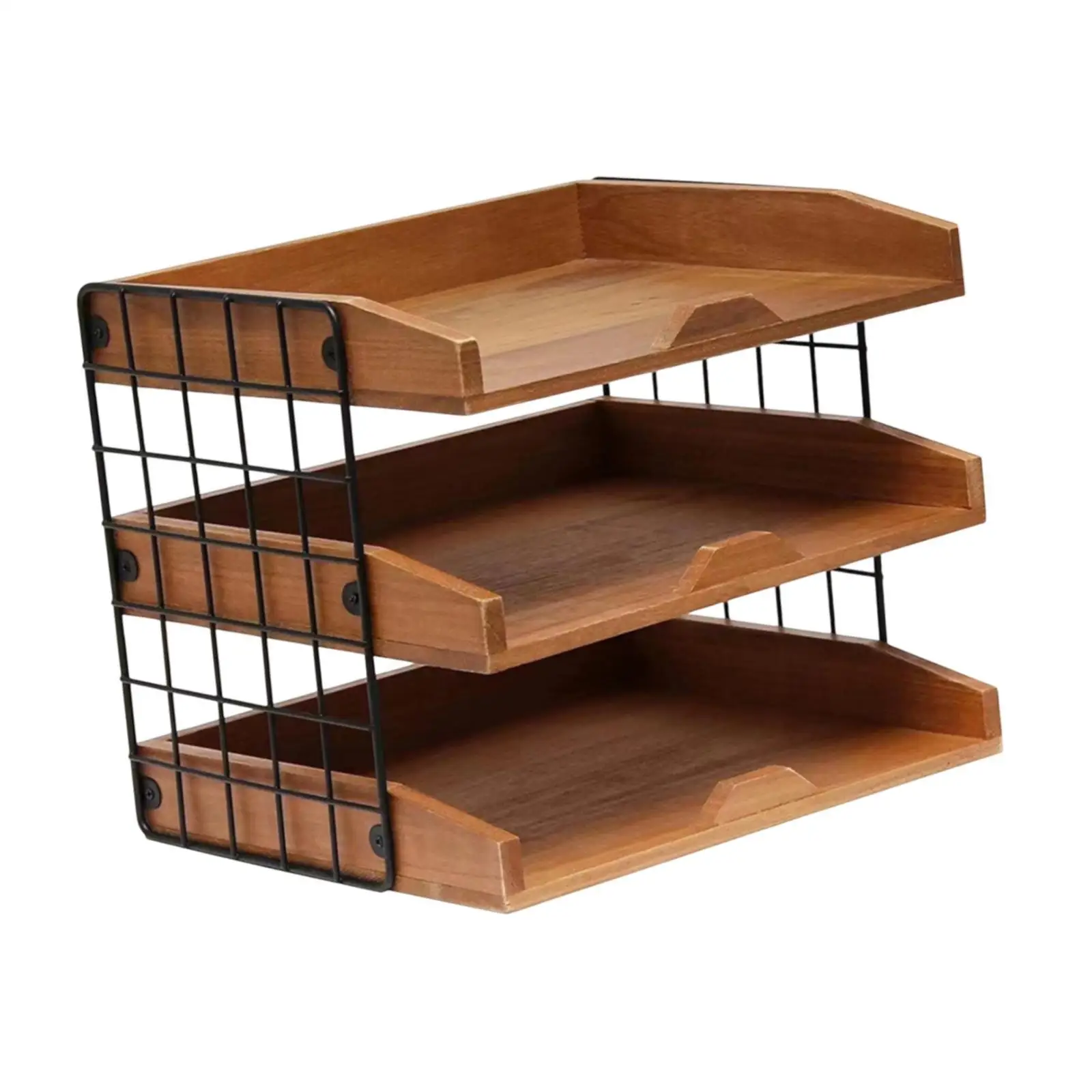 Wood Inbox Tray Metal Mesh Office Supplies Holder Wooden Desktop ...