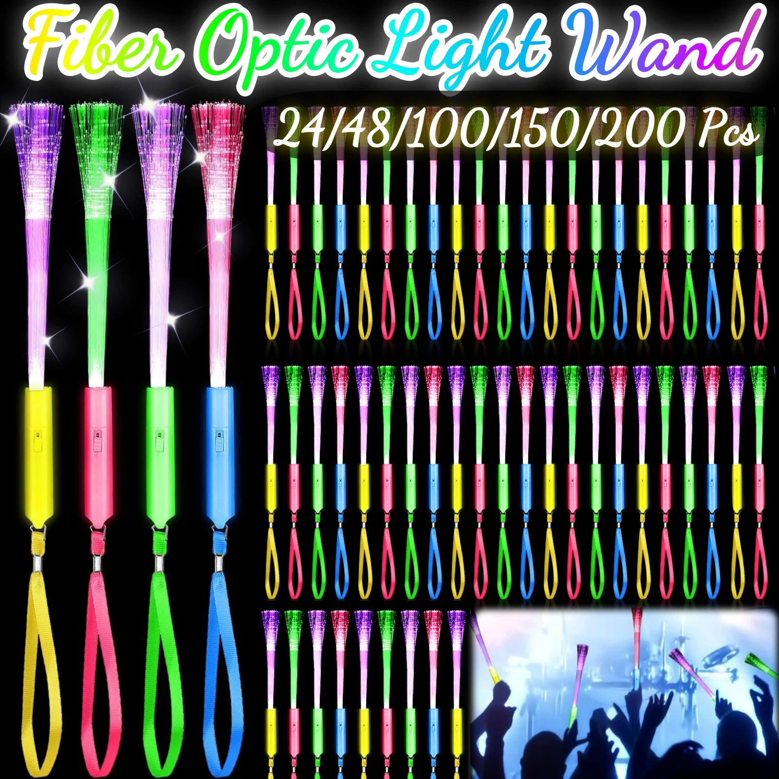 24-200Pcs Fiber Optic Wands Glow LED Light up Wand Bulk Flashing Sticks ...