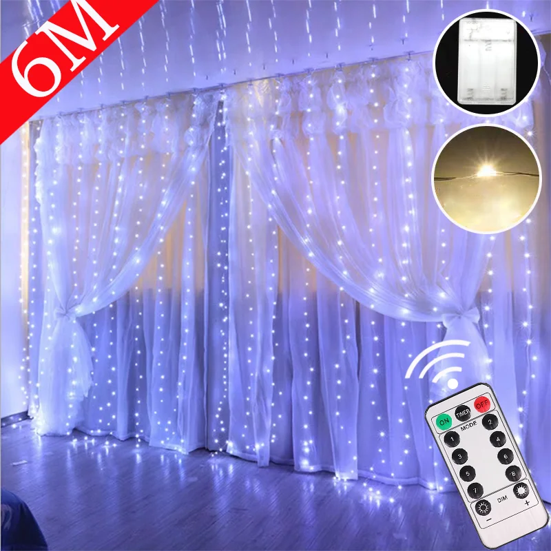 6M LED Garland Curtain Lights 8 Modes Remote Control Fairy Lights ...
