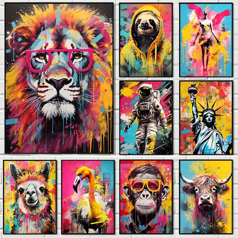 Graffiti Animal Art Canvas Posters and Prints Cow Lion Canvas Painting ...