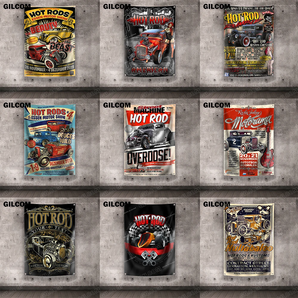 Hot-Rod-Flag-Vintage-Cars-Classic-Retro-Poster-Advertise-Logo-Sport ...
