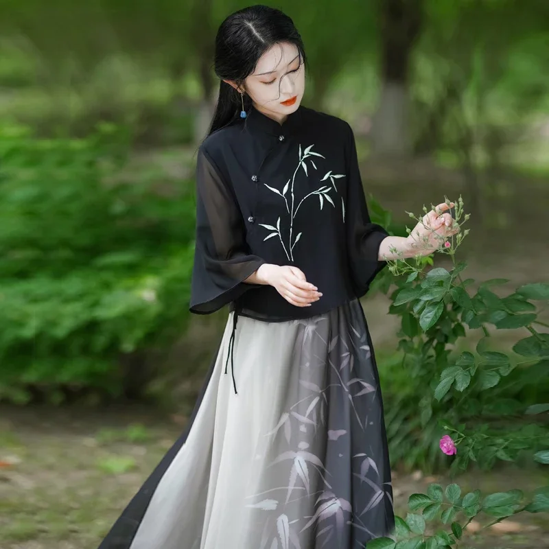 Chinese-Style-Modified-Hanfu-Bamboo-Printed-Two-Piece-Set-Women-Outfit ...