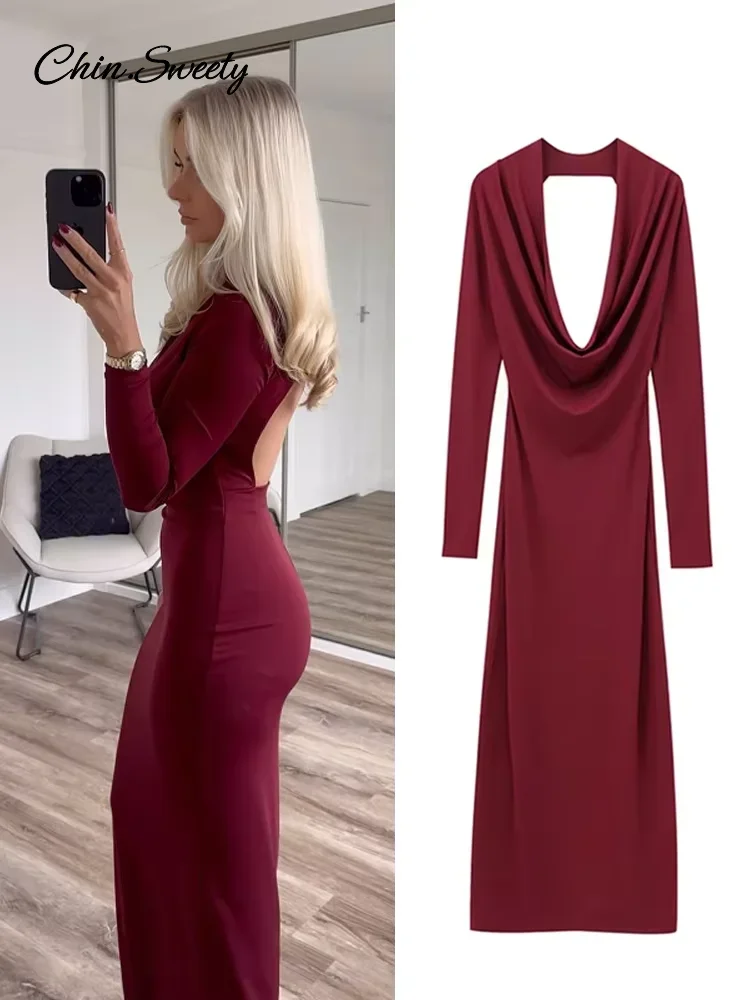 Elegant Hang Neck Burgundy Long Party Dress Women Halter Full Sleeve ...