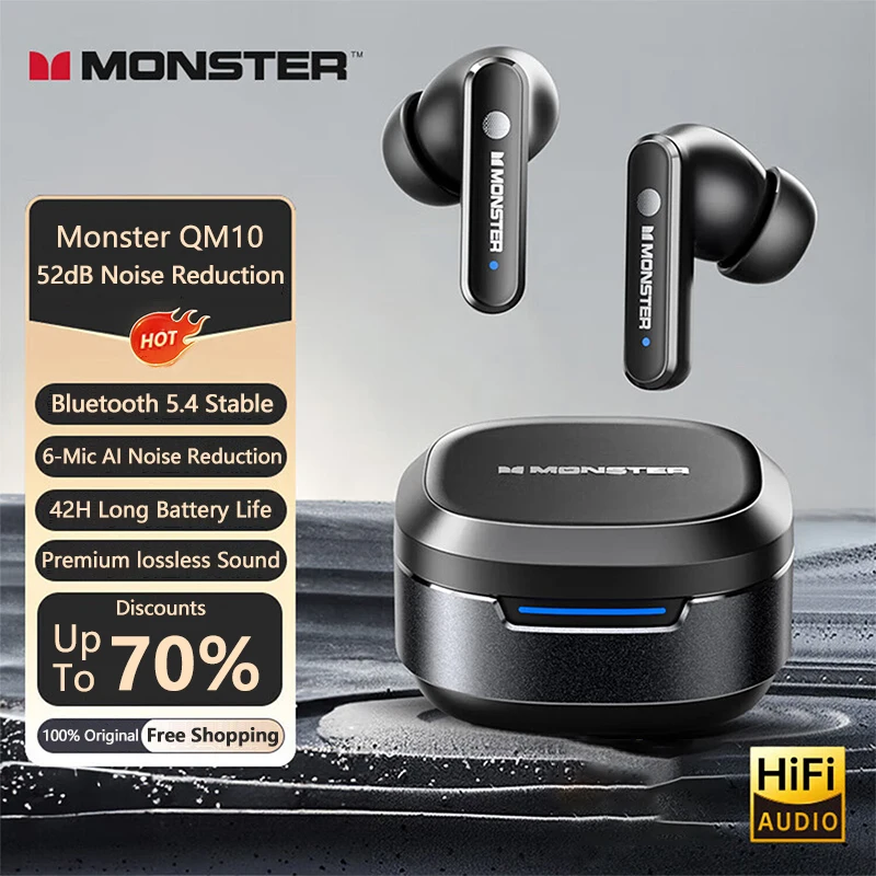 Monster QM10 Wireless Bluetooth5.4 Earphones HD Call HIFI Surround ...