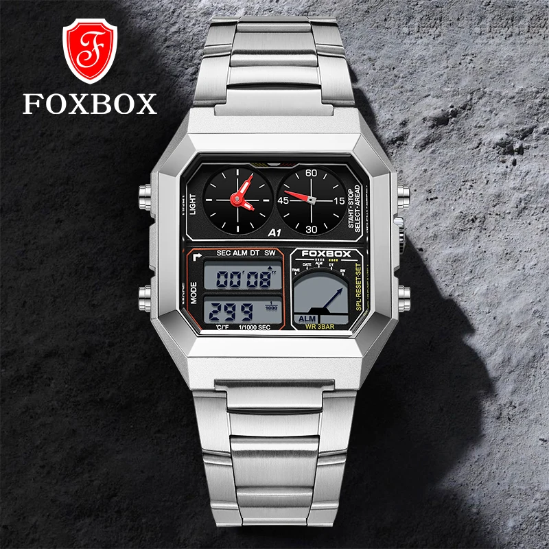 FOXBOX-Men-Watches-Stainless-Steel-Quartz-Business-Dual-Display-Watch ...