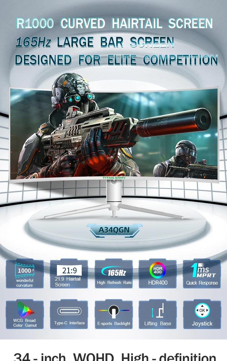 TITAN ARMY 34"4K165HZ HDR400 Curved Immersive Gaming Monitor UltraWide ...