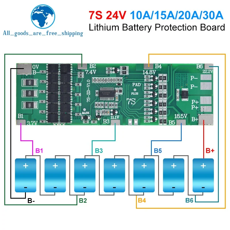 BMS 리튬 이온 18650 배터리 충전 보드, 밸런스 기능, 단락 및 온도 보호, 7S, 24V, 10A, 15A, 20A ...