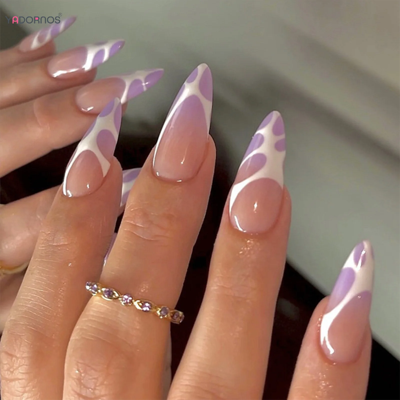 24Pcs Purple Press on Nails Almond White French Fake Nails DIY ...