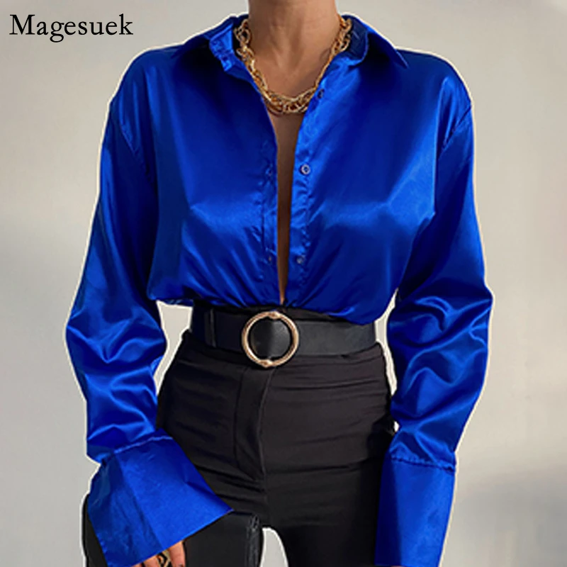 Long Sleeve Blue Satin Shirt Women Single-Breasted Elegant White Silk ...