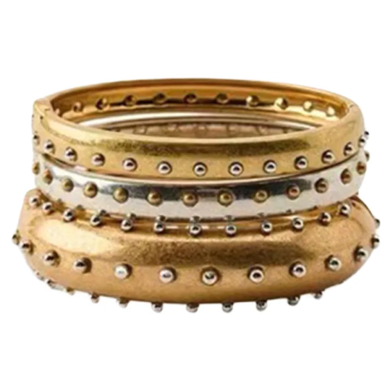 Retro Three-layer Color-block Rivet Metal Elastic Open Bangle ...