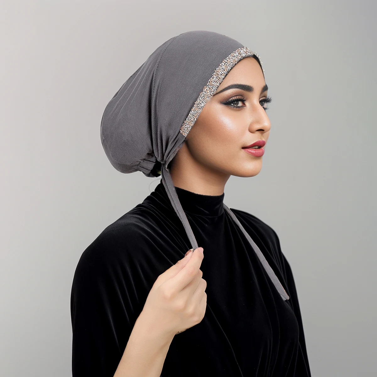 Solid Rhinestone Muslim Woman Hijab Islamic Jersey Turban Women Ninja ...