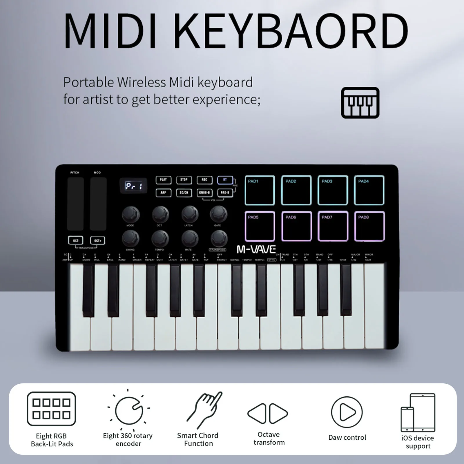 Controlador-de-teclado-MIDI-USB-de-25-teclas-con-8-almohadillas-de-tambor-retroiluminadas ...
