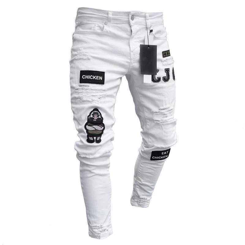 White Embroidery Skinny Ripped Jeans Men Cotton Stretchy Slim Fit Hip ...